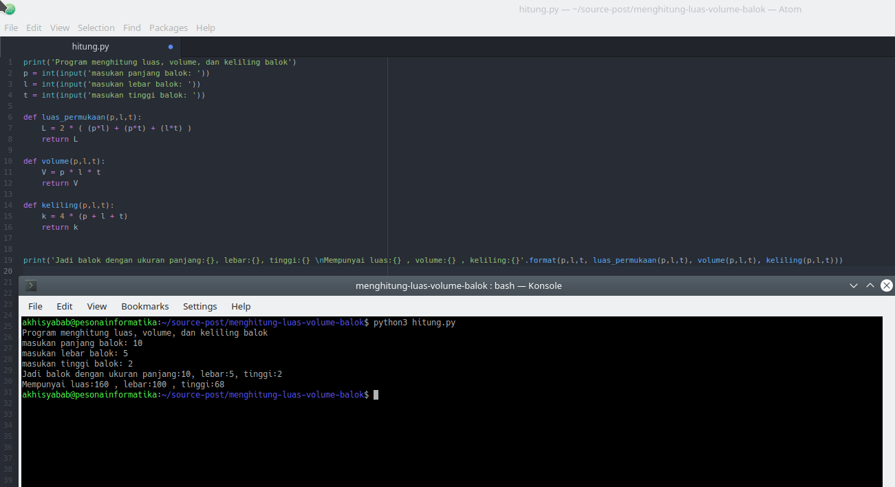 Cara mengitung luas, volume, dan keliling balok menggunakan python ...